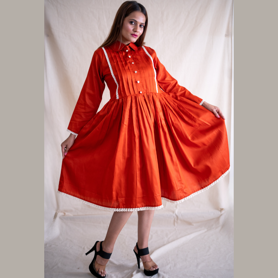 Rust Orange Dress With Pleated Yoke Design – Suparshavstudio