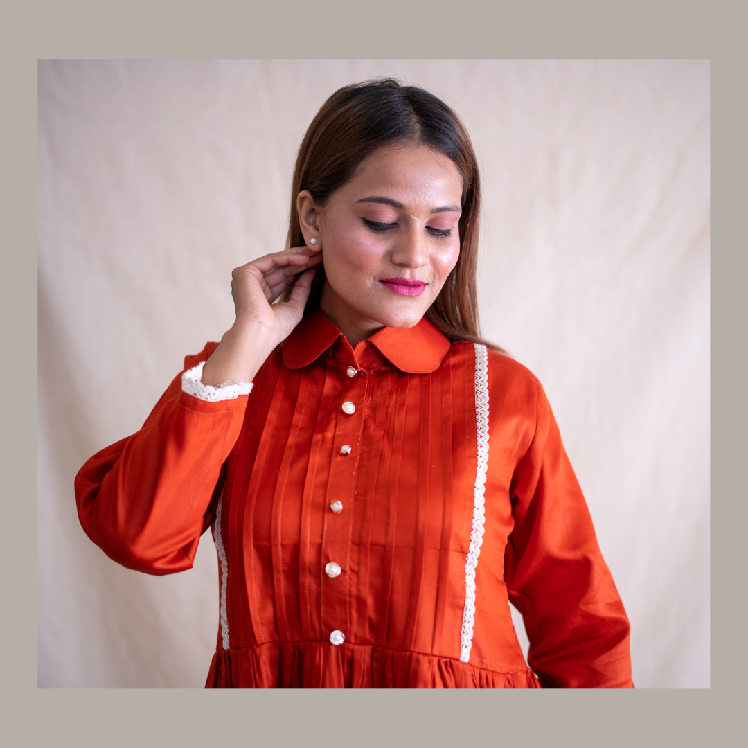 Rust Orange Dress With Pleated Yoke Design – Suparshavstudio